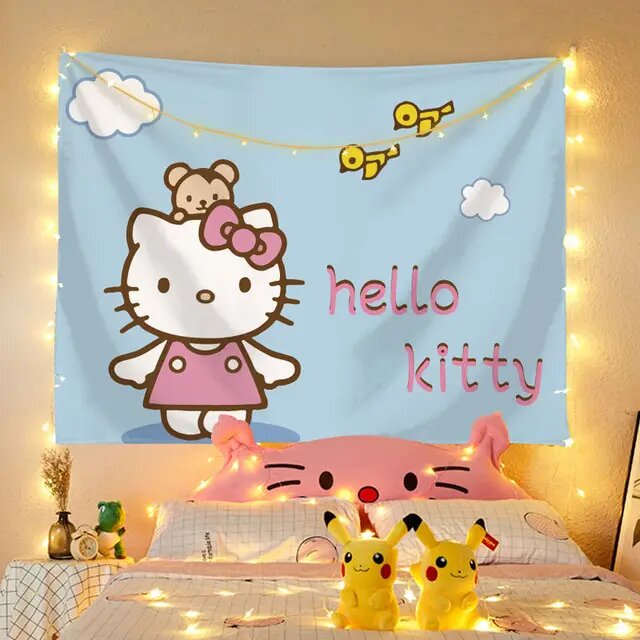 Милый мультяшный постер с изображением Hello Kitty, настенный гобелен, ковер, украшение для общежития, подарок для девочки.