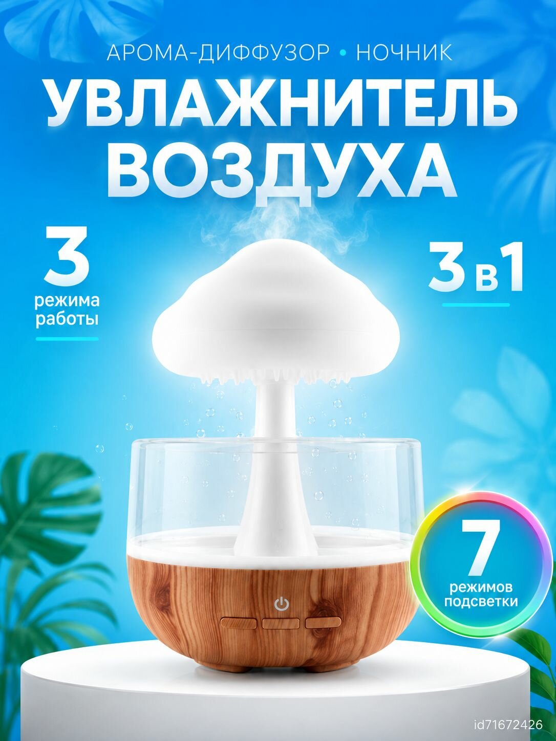 Увлажнитель воздуха для дома настольный и напольный, ультразвуковой, портативный с подсветкой / аромадиффузор с ионизатором / ночник в виде гриба