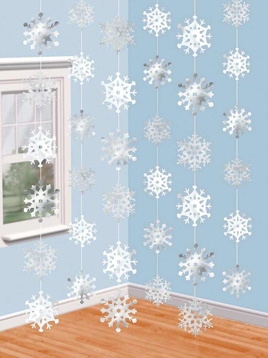 Гирлянда растяжка на Новый год, Снежинки, 200 см, 6 шт