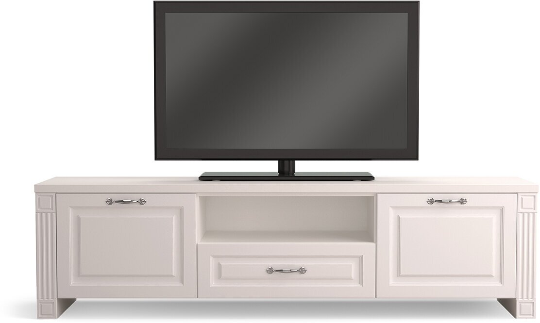 Тумба широкая под телевизор Александра 7 Фабрика Стиль, 196x51.2x42см, Белый фасадный 0101, фасады Милк SF-01 ADI