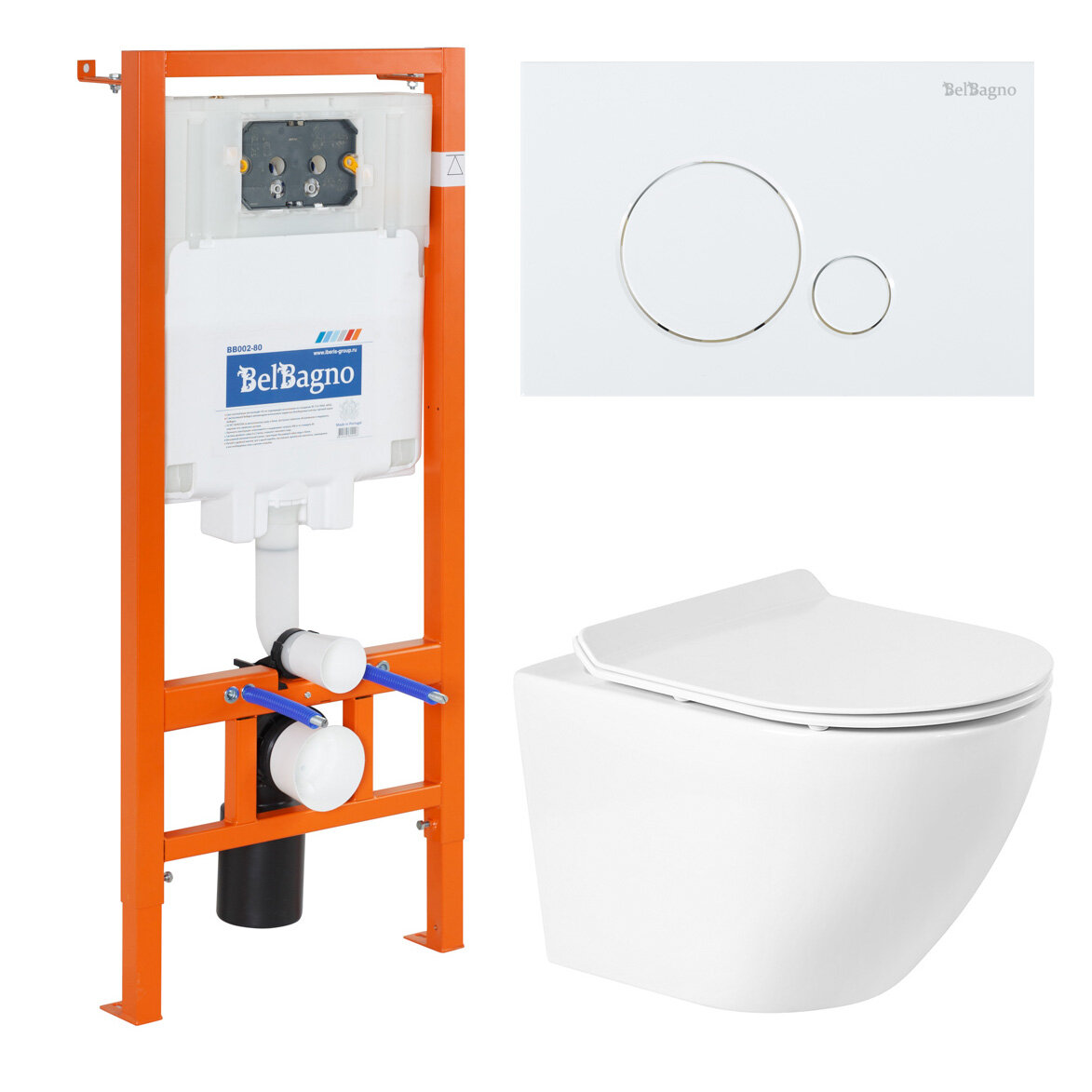 Комплект 4в1 унитаз с инсталляцией BelBagno Sfera-R BB046CHR/BB2111SC/BB002-80/BB014-SR-BIANCO безободковый, с крышкой микролифт и кнопкой смыва