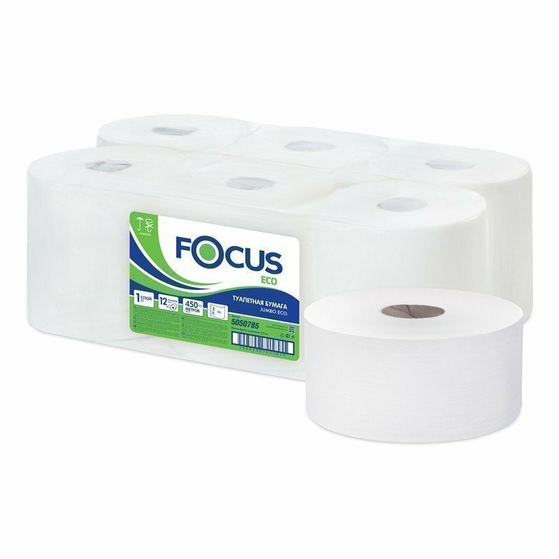 Бумага туалетная Focus Eco Jumbo, 1 слойн, 450 м/рул, тиснение, белая