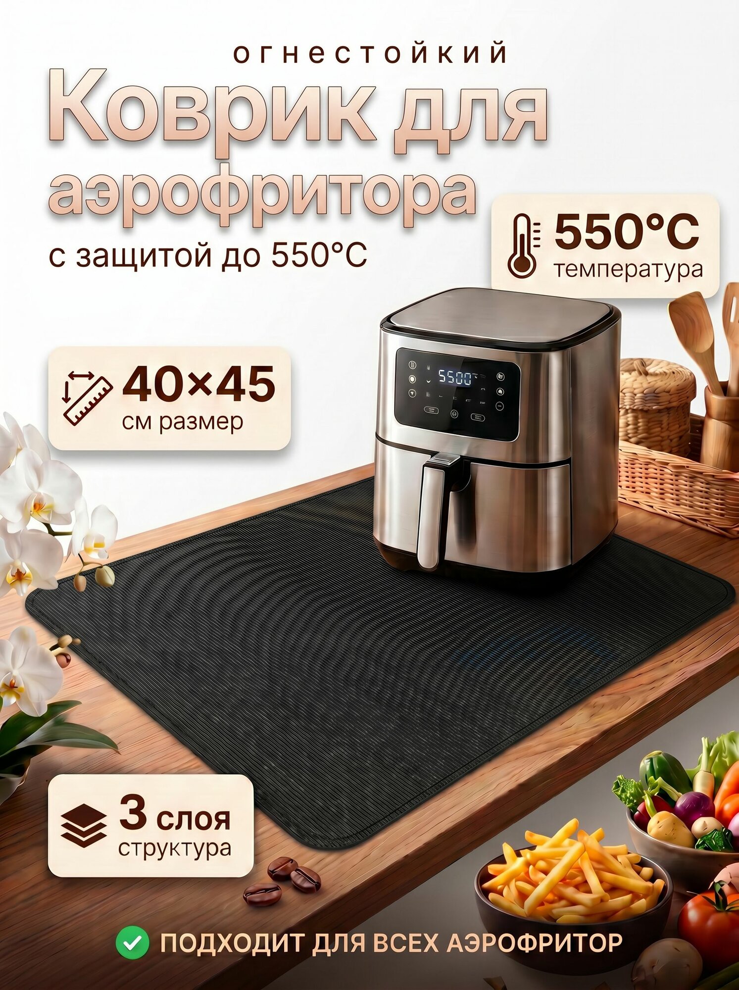 Термостойкий коврик для кухонной столешницы 40*45 см, для кофемашин, тостеров, духовок и аэрогрилей