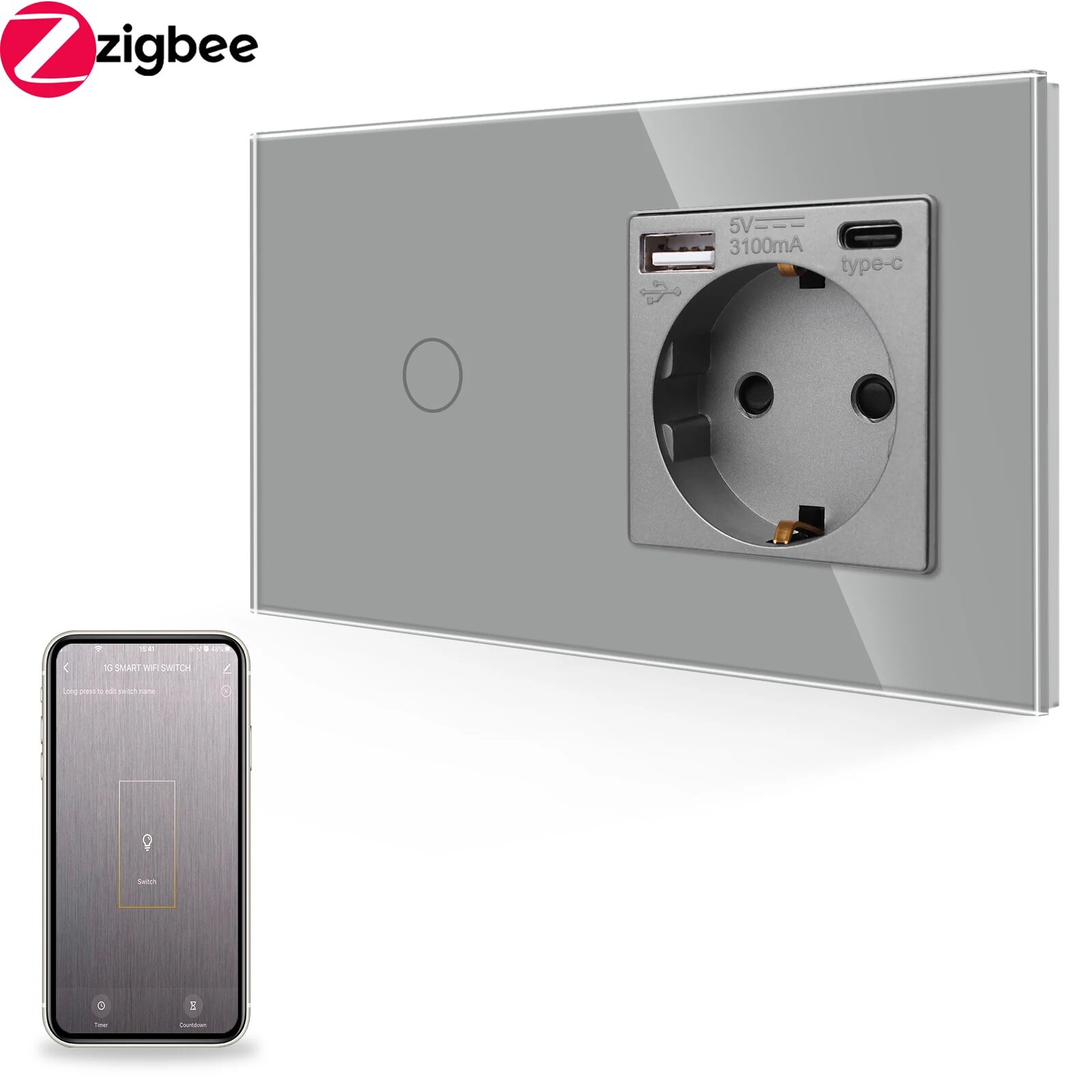 Умная розетка ZigBee с USB Type-C, Цвет: 1zigbee typec socket