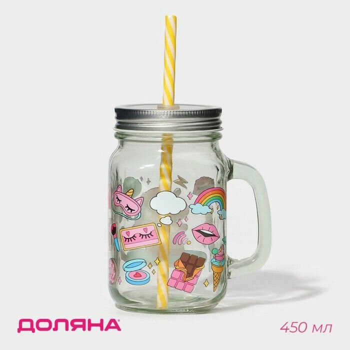 Банка стеклянная с крышкой и трубочкой Доляна Единорог , 450 мл, 10 7,5 13 см,
