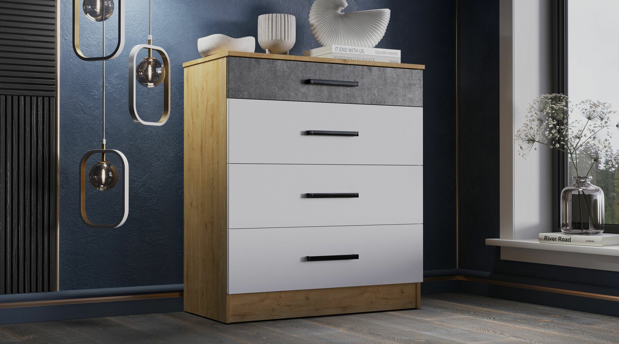 Комод ЭРА "адель", 4 ящика, ЛДСП, шариковые направляющие, белый, дуб вотан