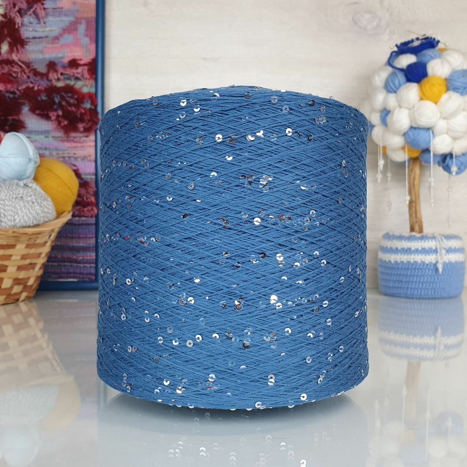 Пряжа MALIK HOBBY Kolibri с пайетками, джинсовый с сереб. пайет - 084, 95% хлопок, 5% пайетки, 2 мотка, 50 г, 365 м.