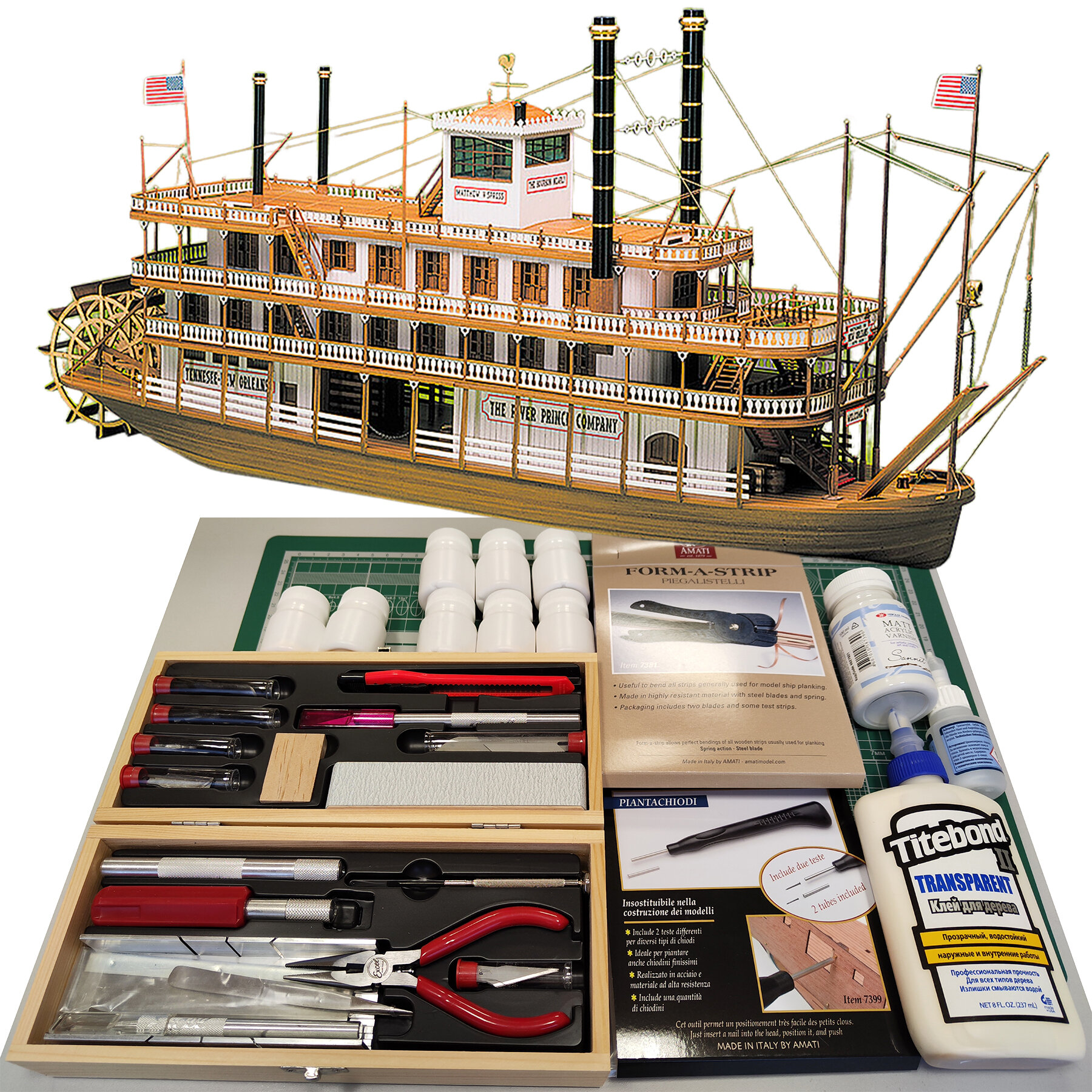 Подарочный полный набор инструментов и красок для сборной модели корабля Mississippi Riverboat, Mantua