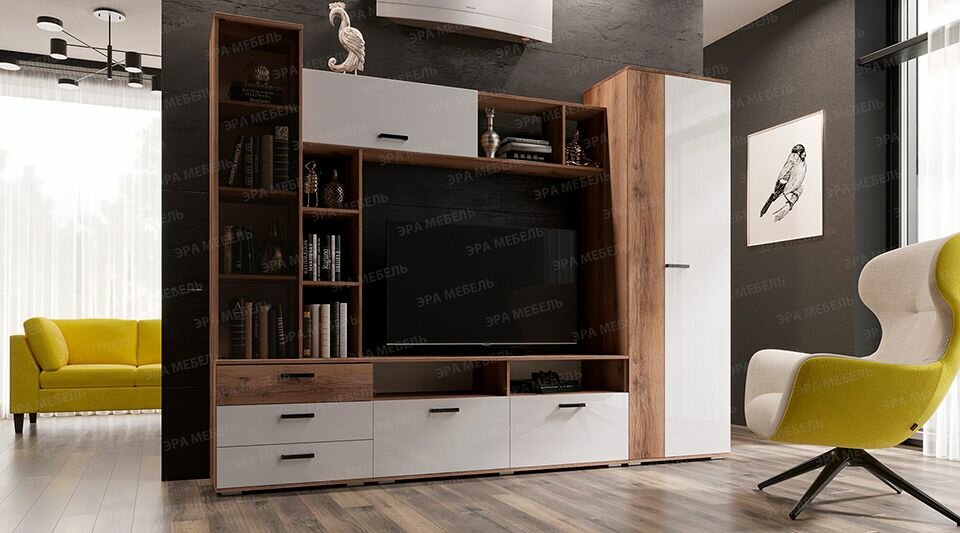 Гостиная Эра Крокус, с полками навесными, тумба для ТВ, ЛДСП, дуб делано, белый гладкий