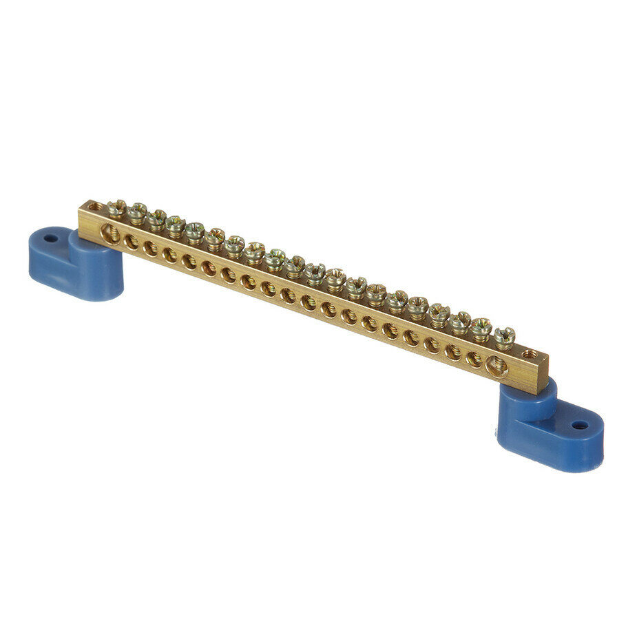 Шина нулевая на 2-х угловых изоляторах 6х9 мм 20 отверстий синяя