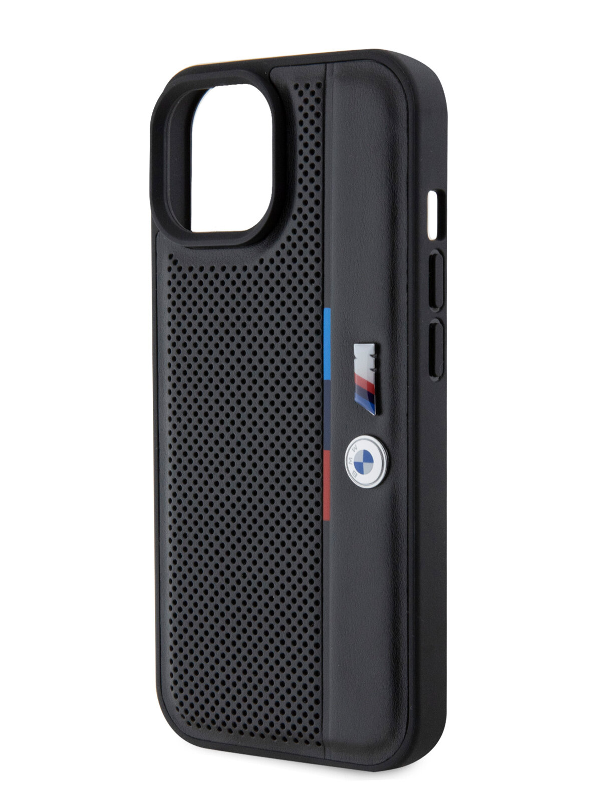 BMW для iPhone 15 чехол PU Perforated Tricolor stripes Metal logo Hard Black