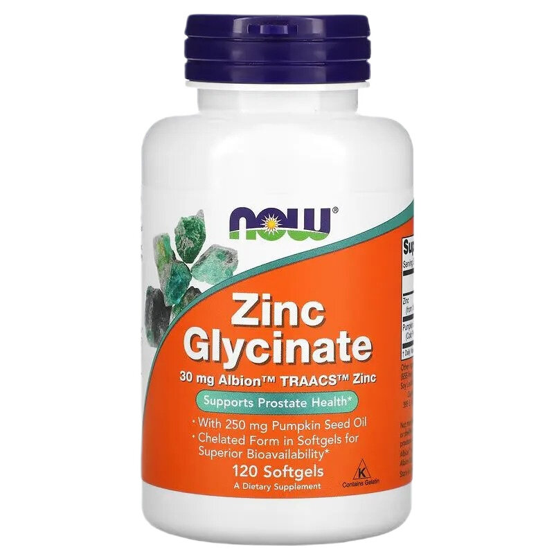 Цинк хелат NOW Zinc Glycinate 30 мг, глицинат, цинк витамины, 120 гелиевых капсул