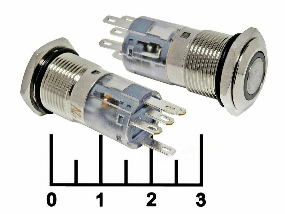 Кнопка LAS2-GQF-11E/B/N без фиксации антивандальная синяя металл 12V (16мм) (круг) 5 контактов