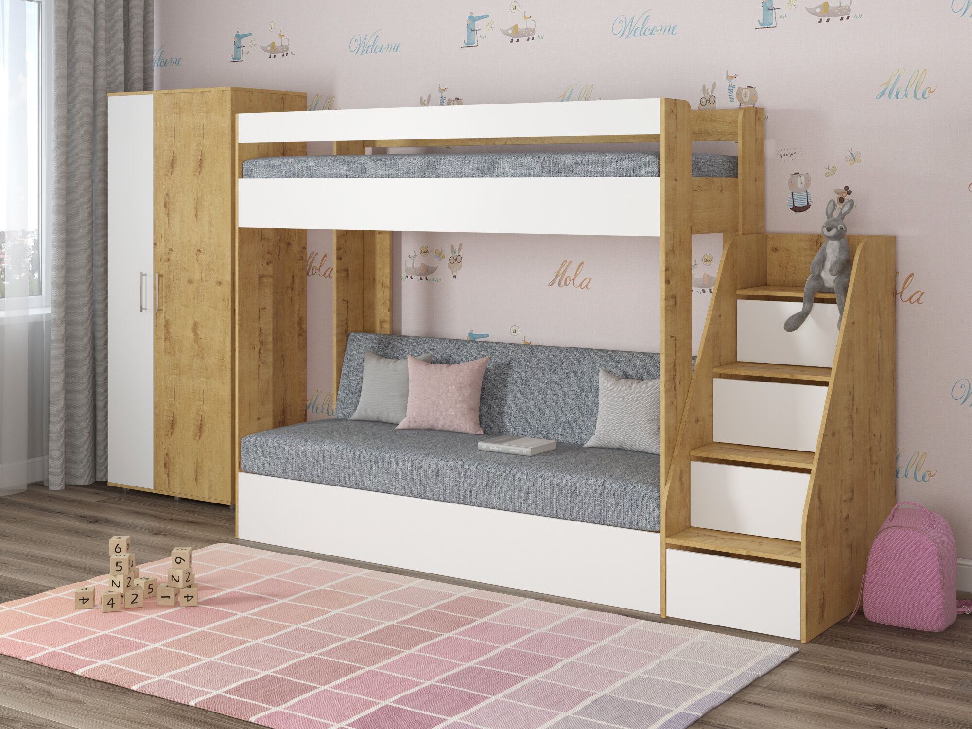 Кровать двухъярусная с диваном, матрасом и комодом Есэндвич Лаворо (Дуб бунратти/Белый/Savana Plus Mouse)