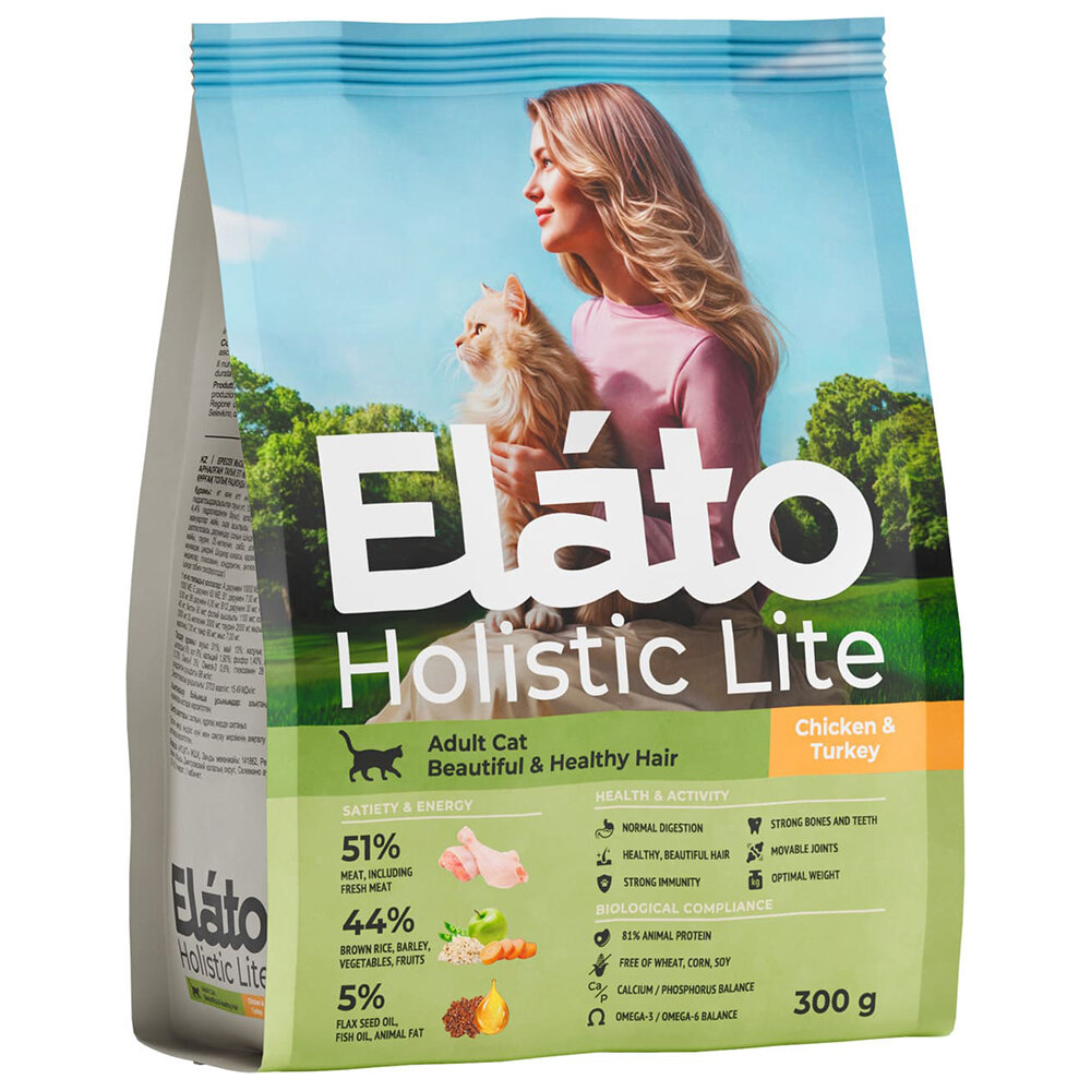 Корм Elato Holistic Lite для взрослых кошек для здоровой шерсти, с курицей и индейкой, 300 г