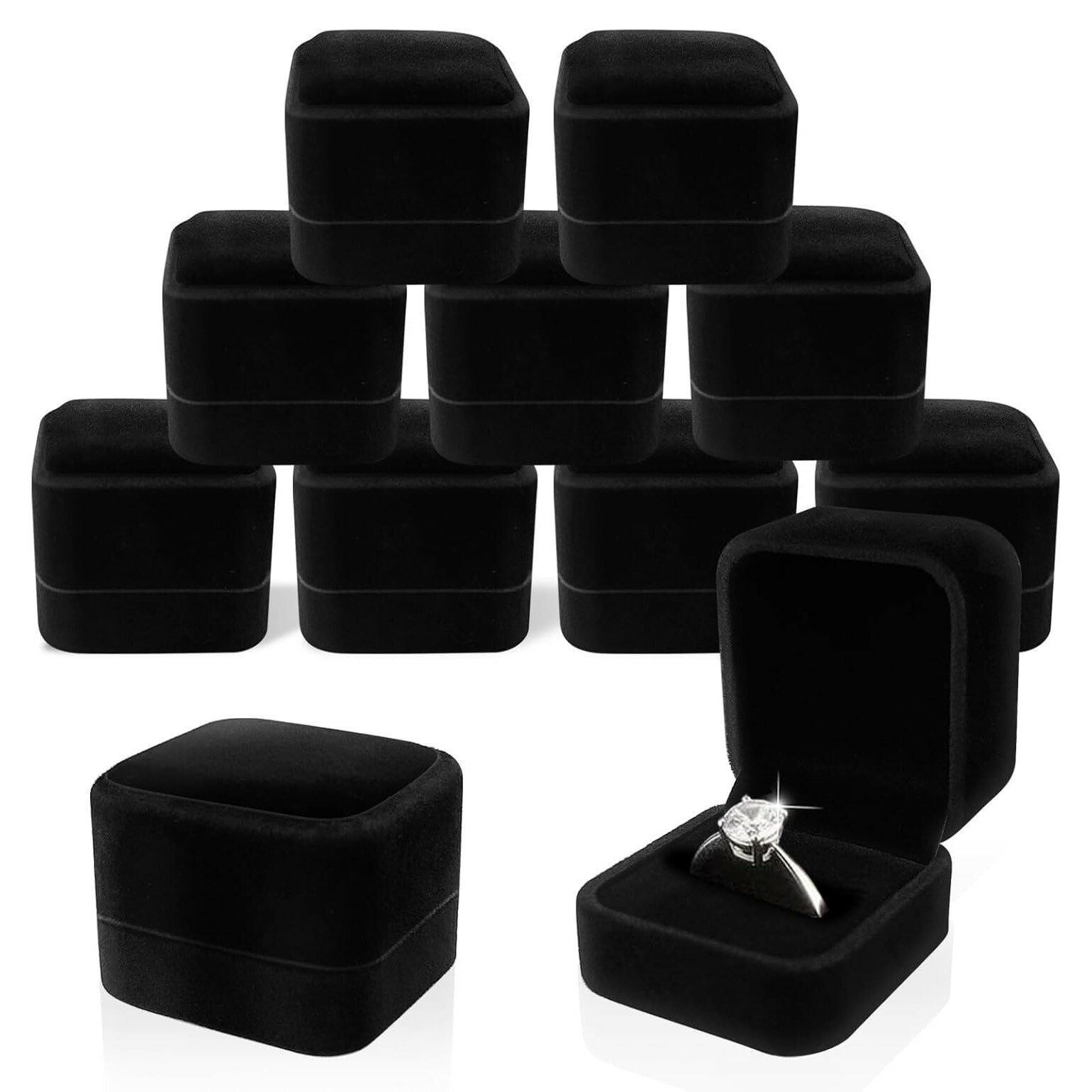 Коробка для колец 10 шт, черное Замша, демонстрировать, День святого Валентина, юбилей, свадьба, день рождения, хранение ювелирных изделий(5.2 * 4.9 * 3.8 см)