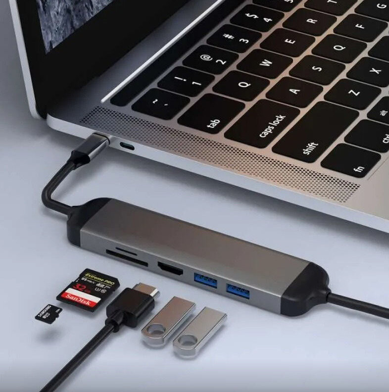 Хаб, Кабель-переходник WiWU Alpha 521H , док-станция , зарядка Type-c , концентратор , длина кабеля 1,6 м , серый .