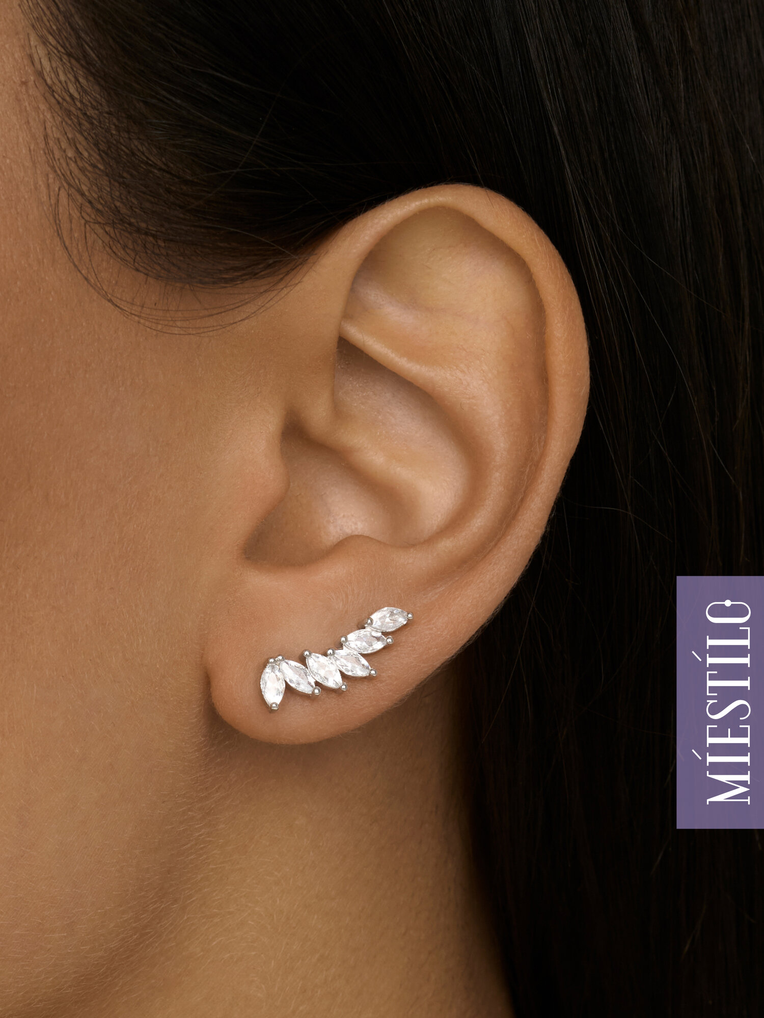 Серьги клаймберы, серебро, 925 проба, родирование, фианит