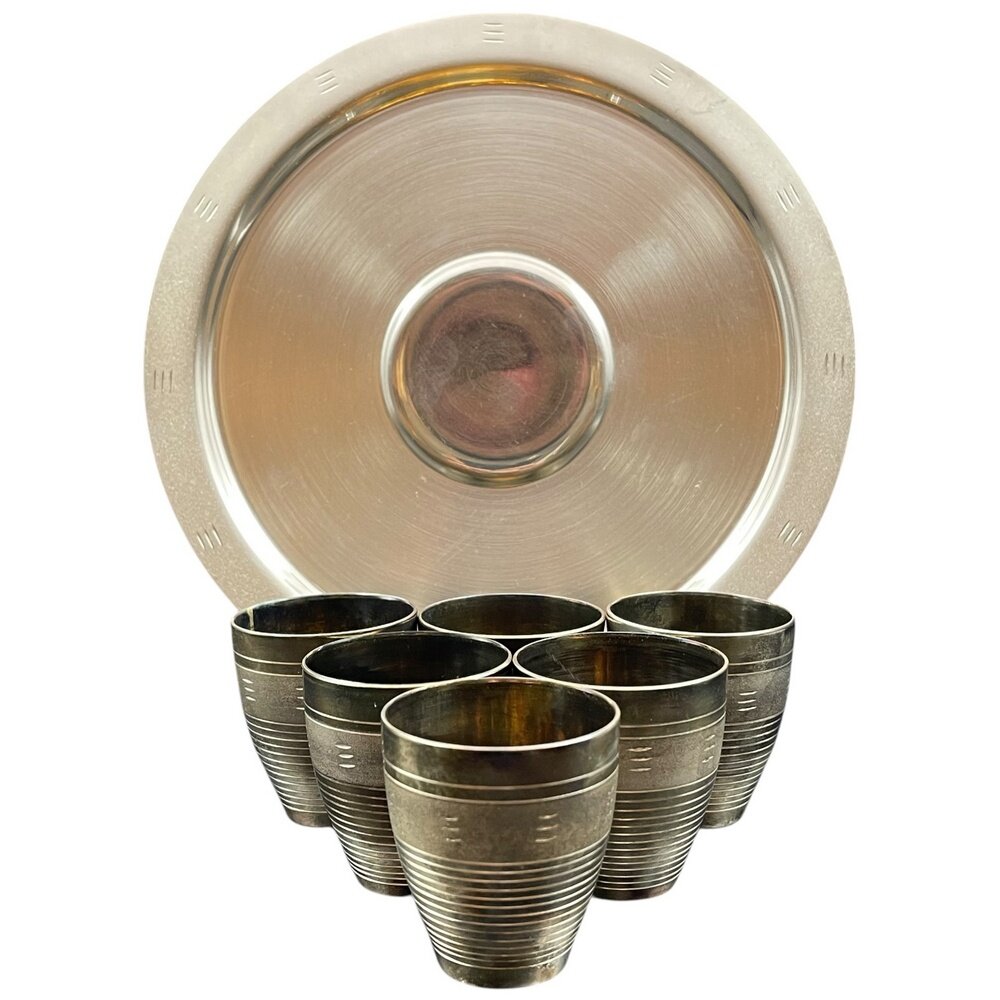 Набор "Винный", поднос и 6 стопок 50 мл, мельхиор, позолота, 1982 г, Красное на Волге, СССР