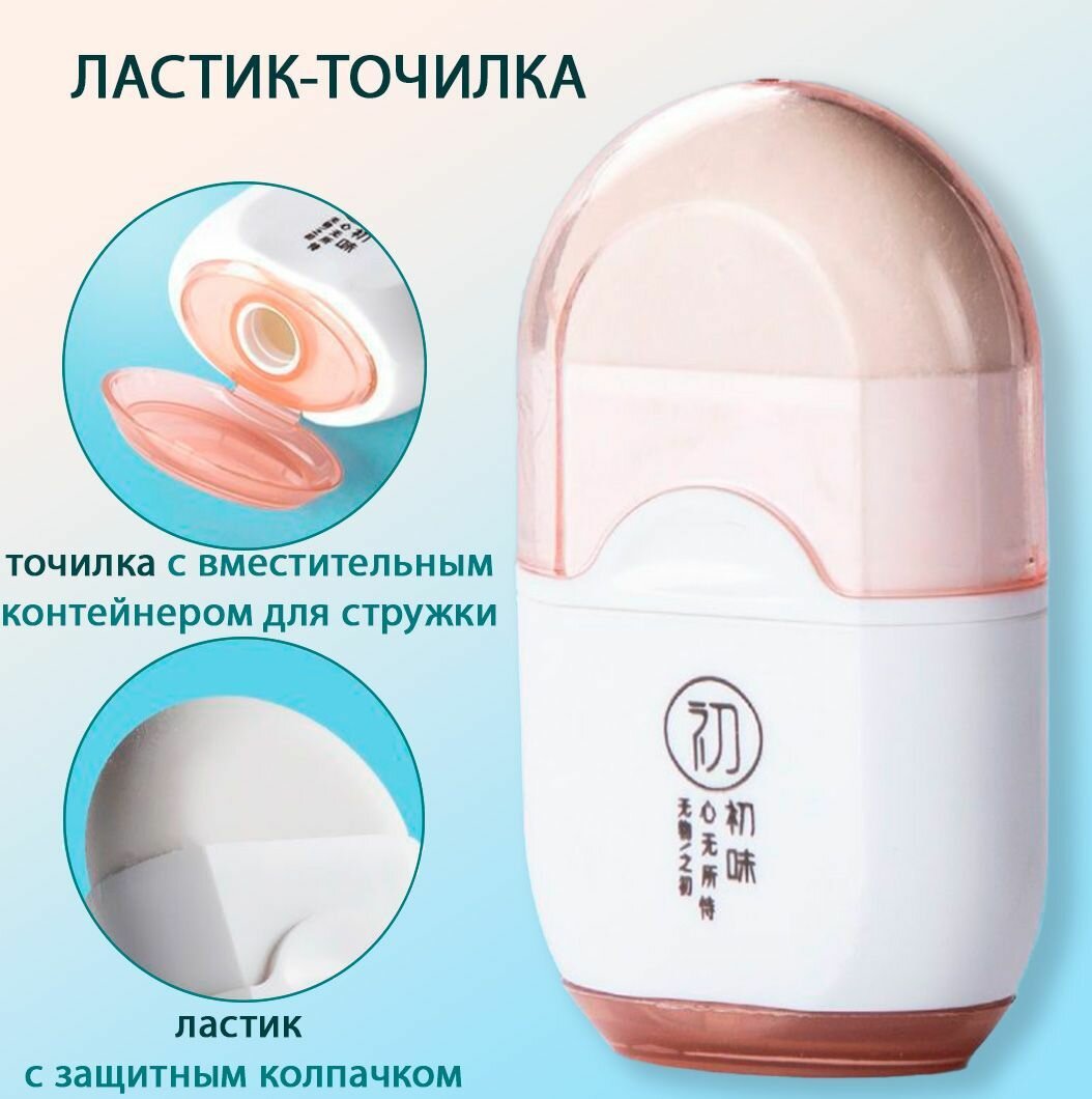Ластик-точилка 2в1, одно отверстие под карандаш, с ластиком в корпусе, прозрачно-розовый