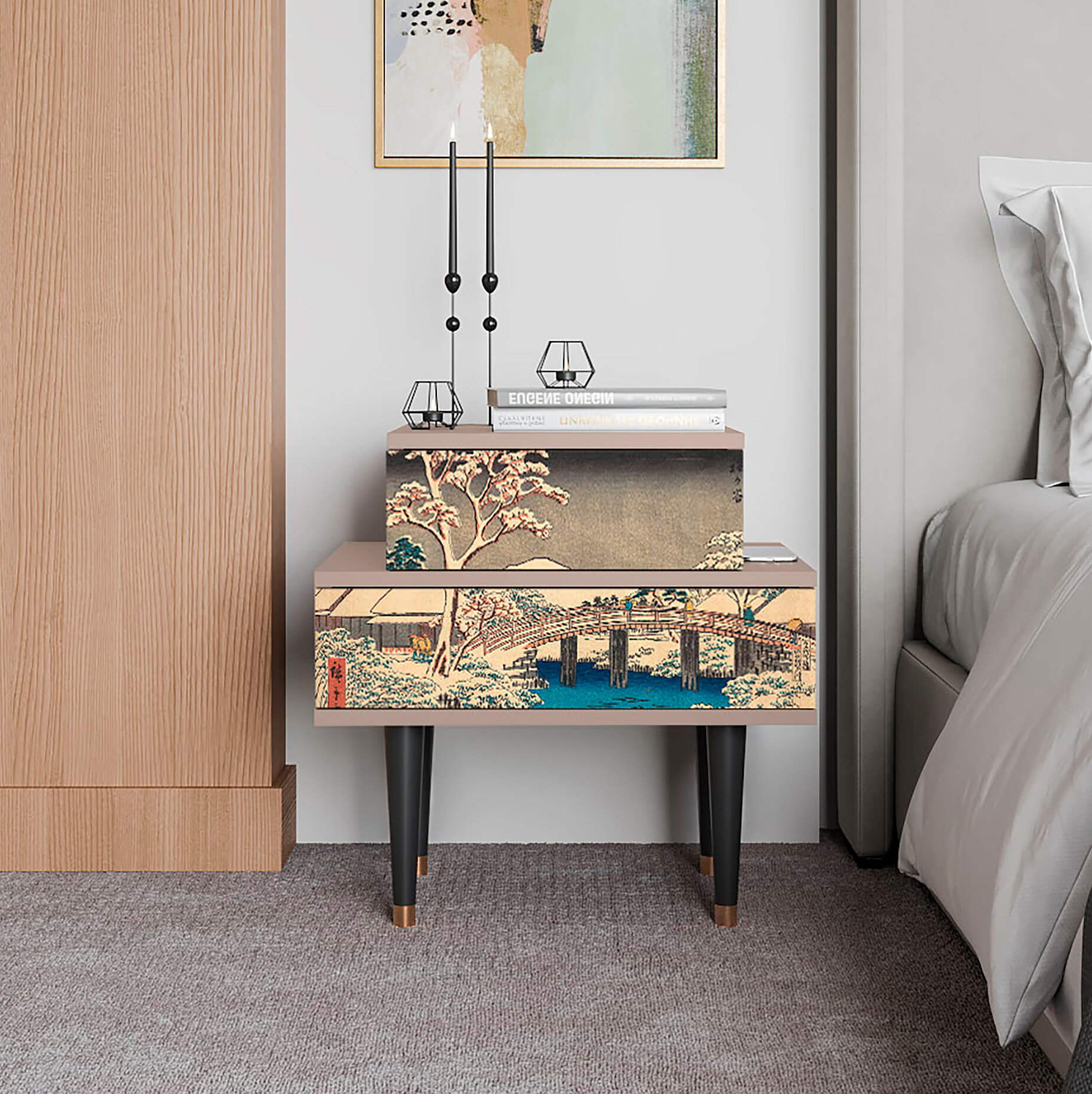 Прикроватная тумба - STORYZ - NS1 Katabira River by Utagawa Hiroshige, Размер - 58 x 58 x 41 см, Цвет корпуса - , Бежевый