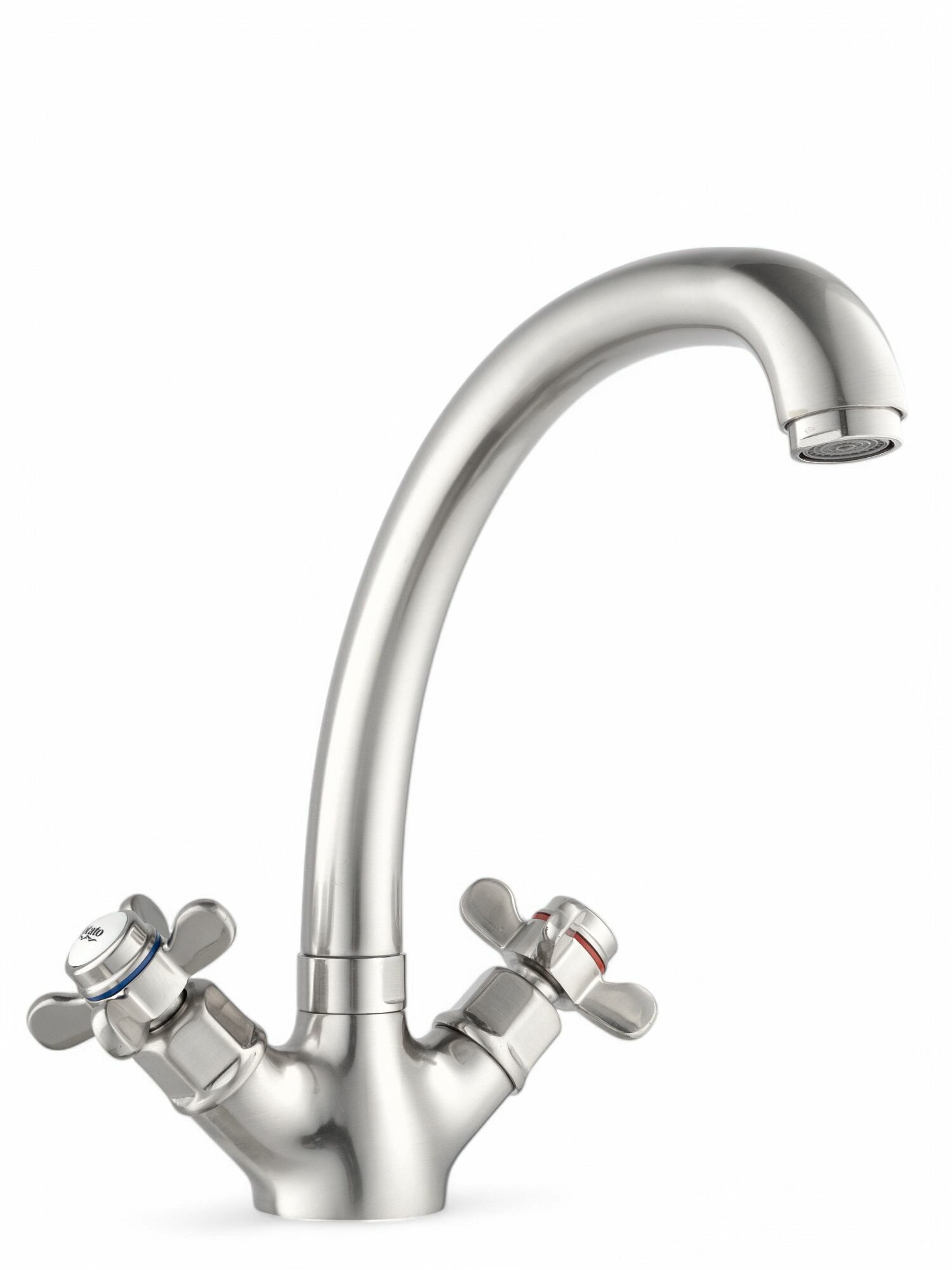 Смеситель для кухни с высоким поворотным изливом и вентильными ручками цвет сатин