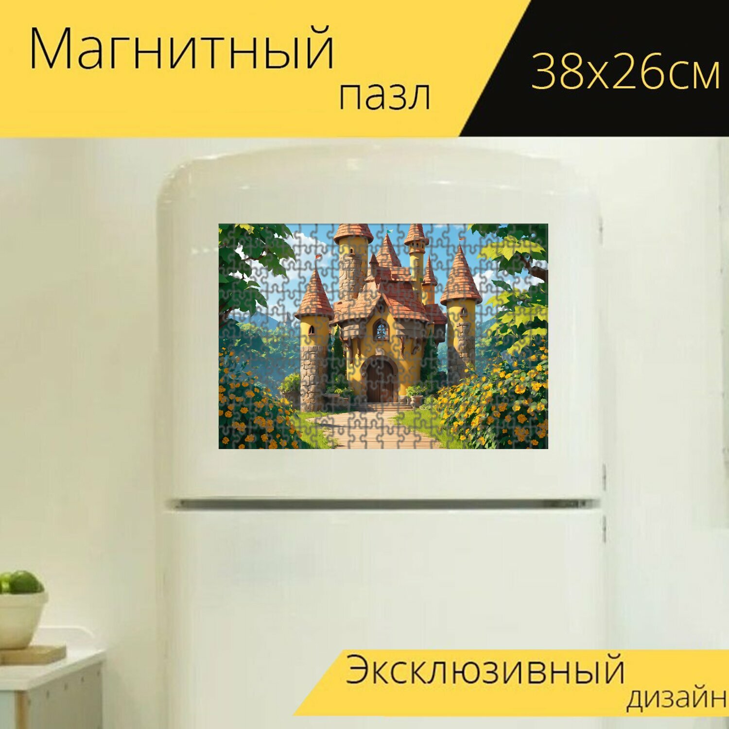 Магнитный пазл "Маленький волшебный замок с высокими острыми башнями, построенный из дерева и камня, окружённый зелёными деревьями и растениями. На переднем." для интерьера, 38х26 см.