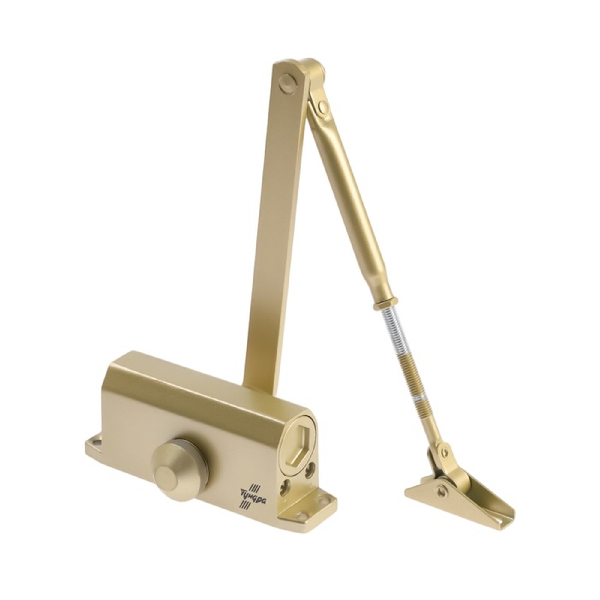 Доводчик дверной Тундра D40GP, рычажная тяга, верхний монтаж, до 40кг, золотистый