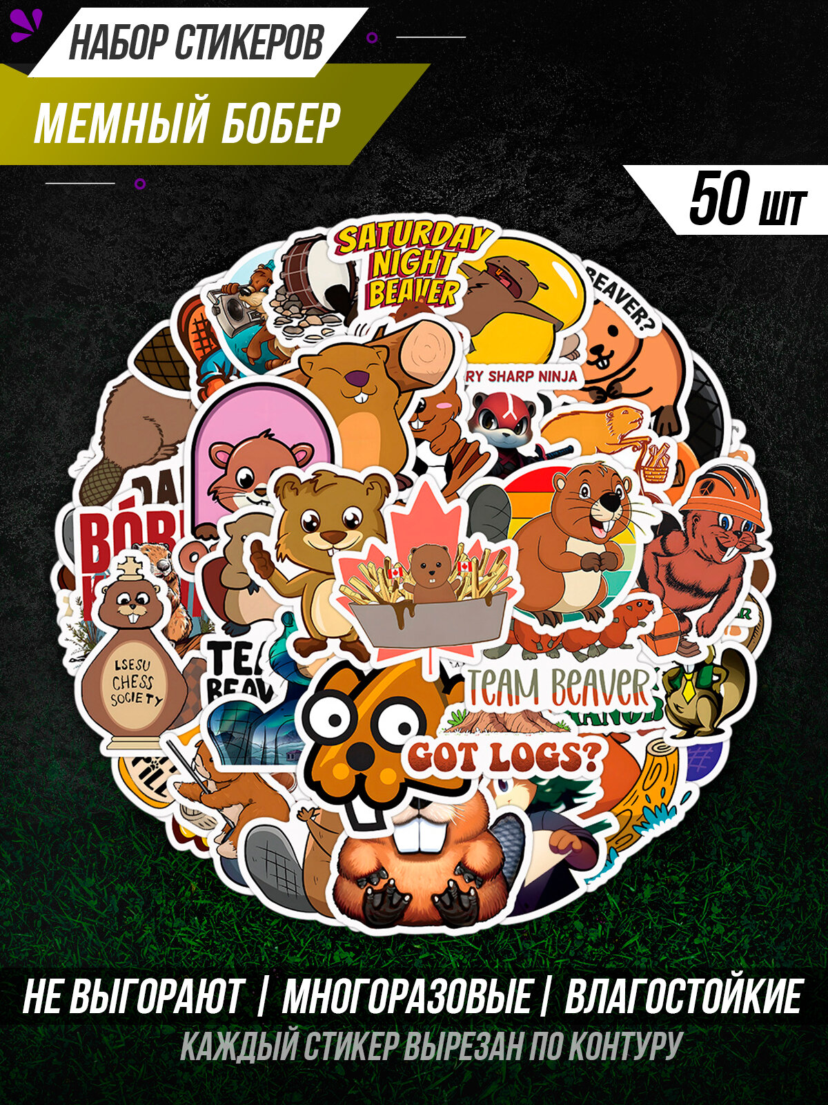 Набор наклеек Мем бобер 50 шт, стикеры самоклеящиеся многоразовые