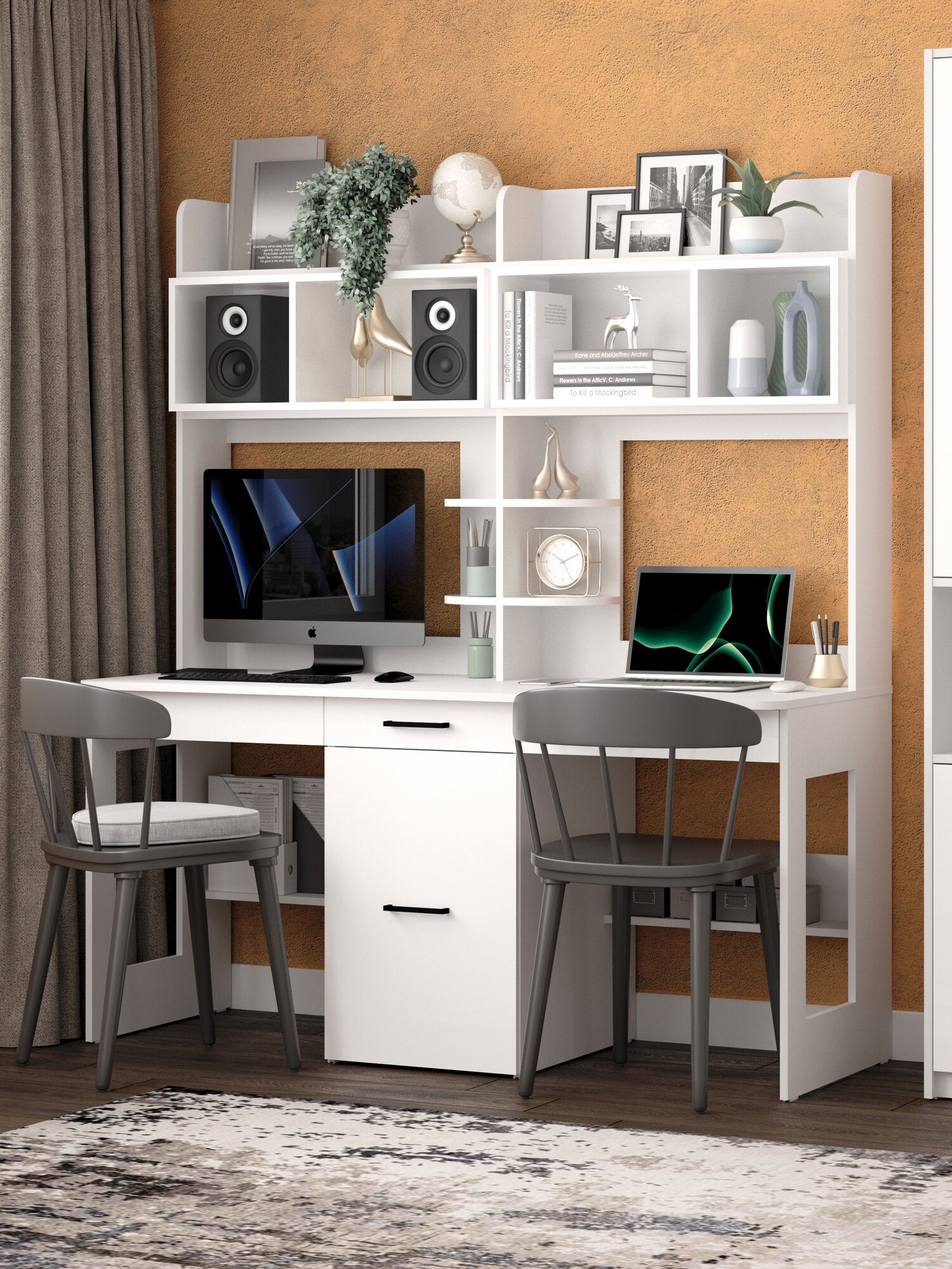 Есэндвич ART Лаворо 2 Стол компьютерный двойной с тумбой 160х180х60 см (Белый/Белый глянец)