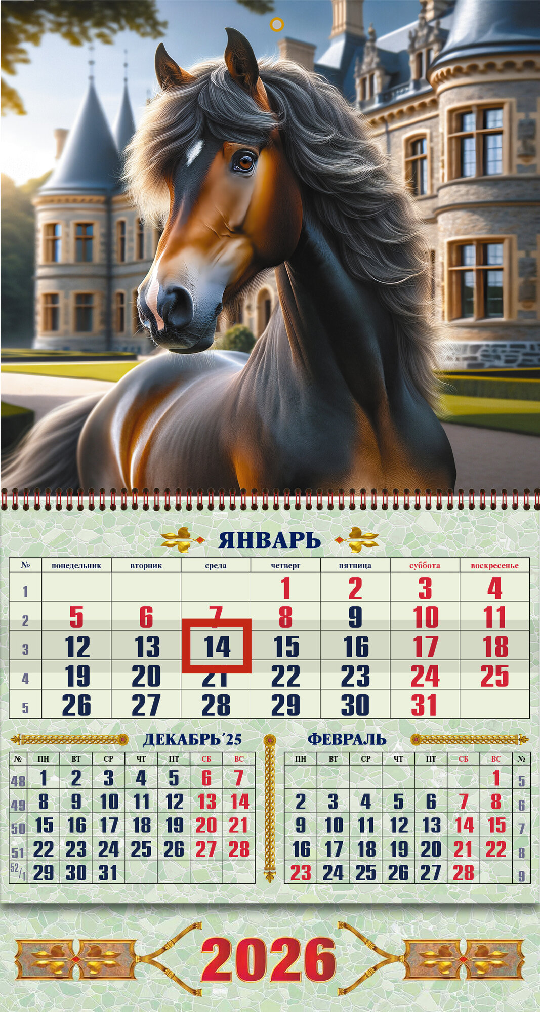 Календарь настенный 2026 Символ года, квартальный одноблочный, 300х600 мм