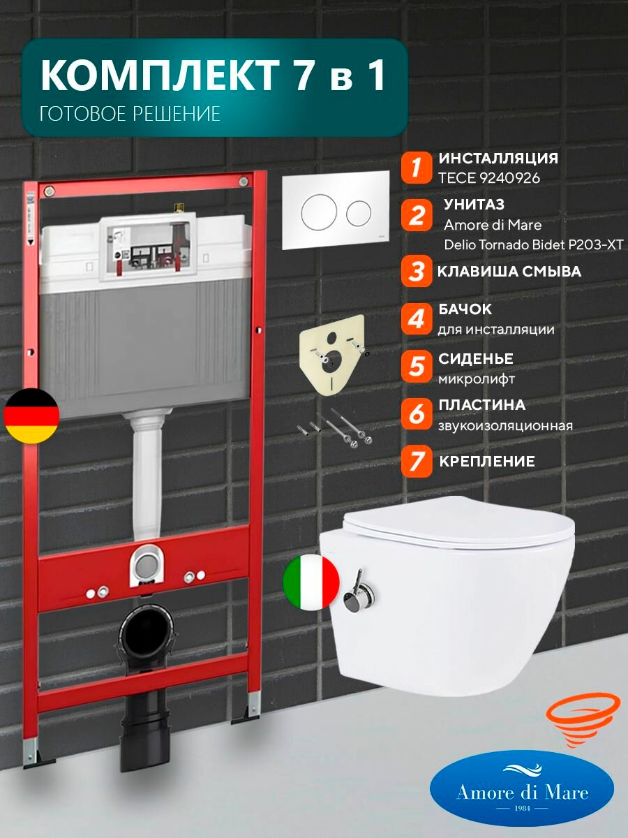 Инсталляция с унитазом 7 в 1: инсталляция Tece 9240926+унитаз Amore di Mare Delio Tornado Bidet P203-XT с функцией биде