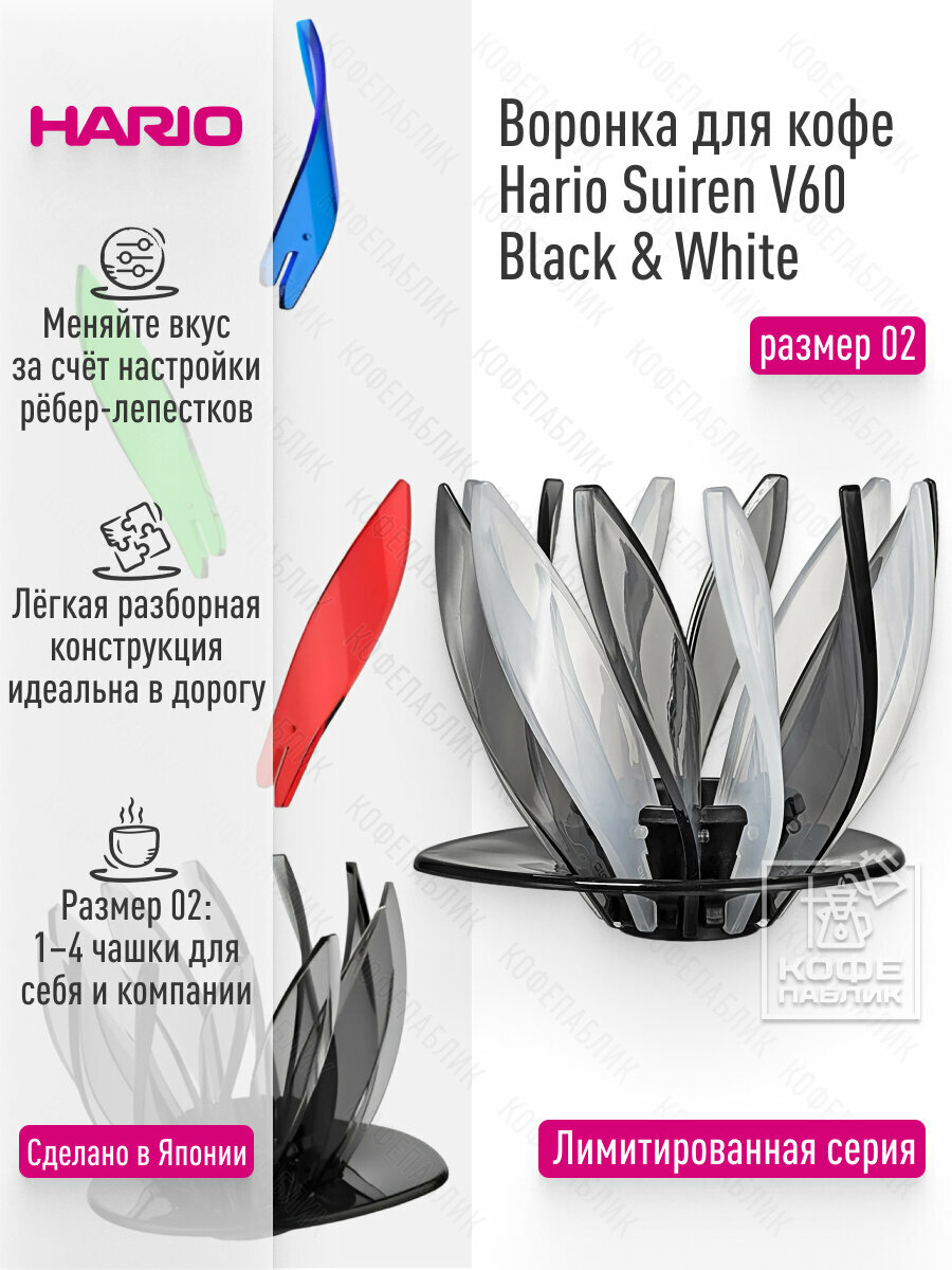 Воронка для кофе Hario Suiren VDSU-02-B&W V60, пластиковая, черно-белая, 1–4 чашки
