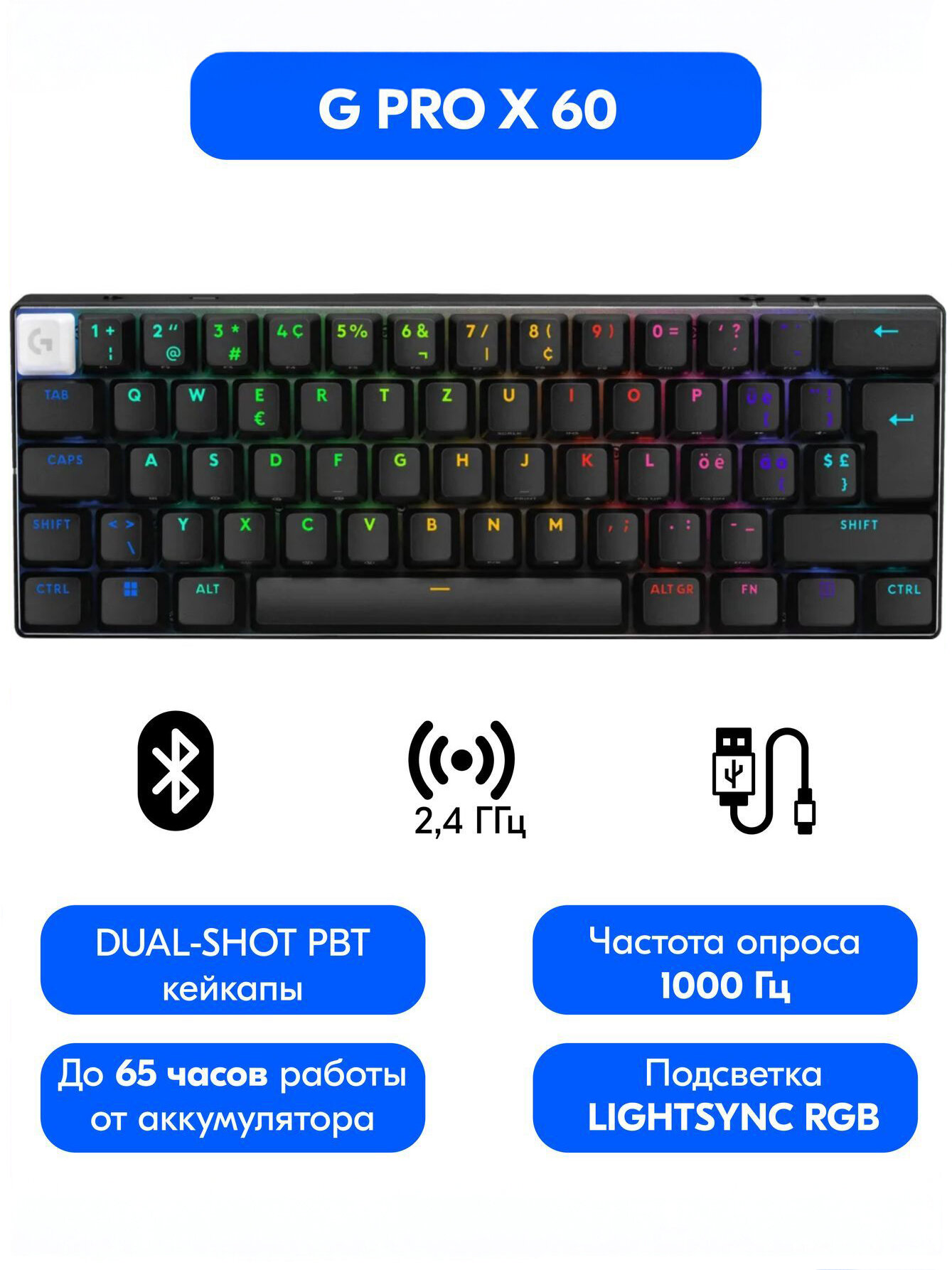 Logitech G PRO X 60 LIGHTSPEED Brown switch Беспроводная механическая игровая клавиатура, английская раскладка, черная