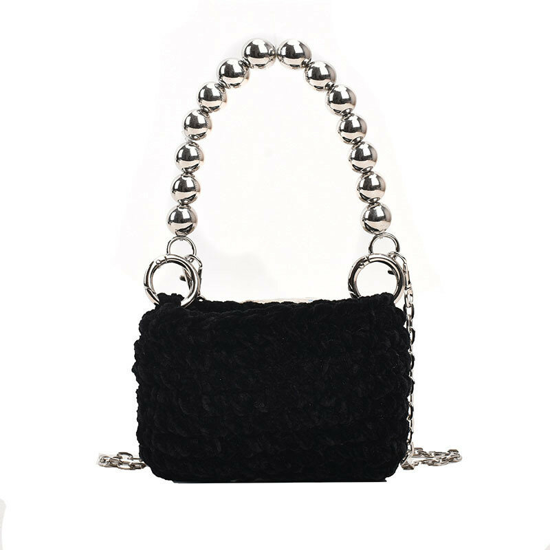 Плюшевый бархатный вязаный детский рюкзак с модными перловыми элементами, черный