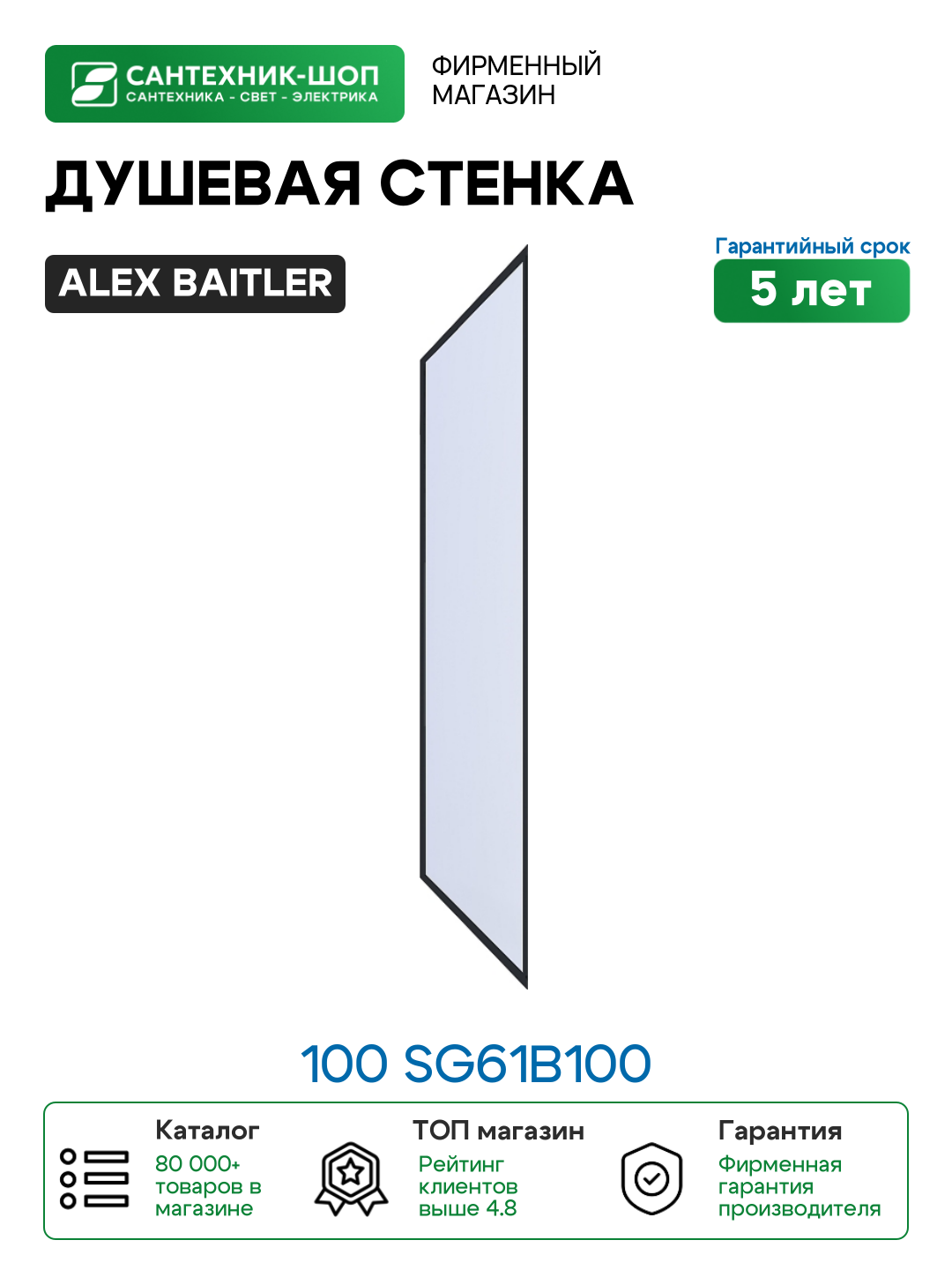 Душевая стенка Alex Baitler 100 SG61B100 профиль Черный матовый стекло прозрачное