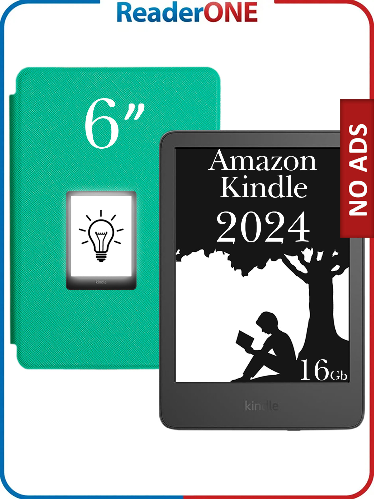 Электронная книга Amazon Kindle 11, 6 дюймов, 2024, 16 Гб, без рекламы, черная, с обложкой ReaderONE Light Green