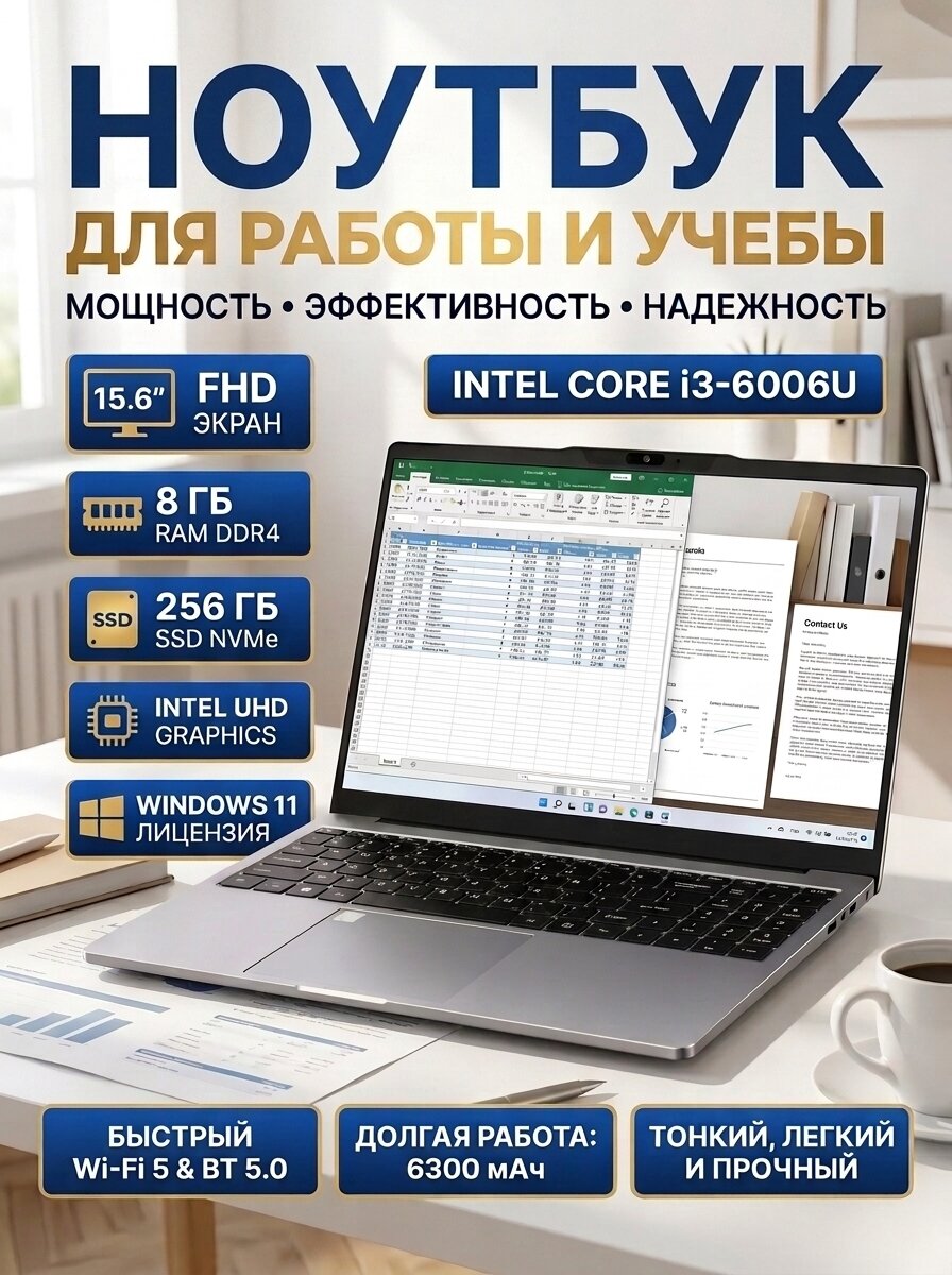 Ноутбук для работы и учебы, Intel® Core™ i3-6006U,2.00 ГГц SSD, 256Гб, 8Гб RAM, 15.6"1920х1080 IPS, Windows 11