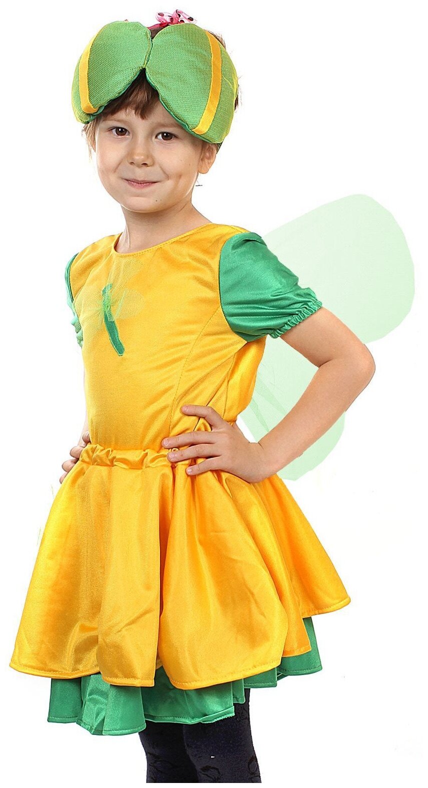 Карнавальный костюм детский "Стрекоза", праздничный наряд для девочки (кофта с крыльями, юбка, шапка), 5-7 лет, рост 122-134 см