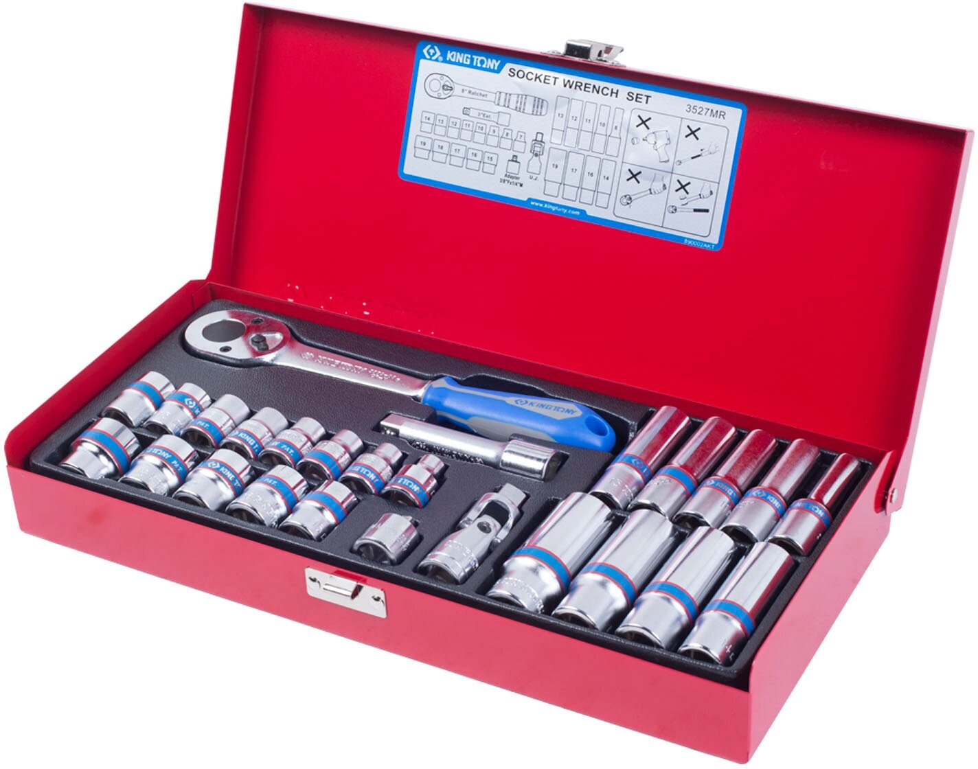 Набор торцевых головок с принадлежностями 3/8", шестигранные, 7-19 мм, 26 предметов KING TONY 3527MR
