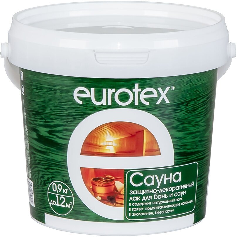 Защитно? декоративный лак для бань и саун EUROTEX 0.9 кг, бесцветный, шелковисто-матовый