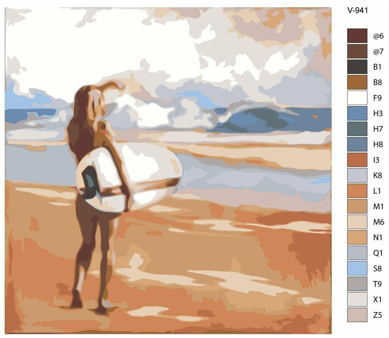 Картина по номерам V-941 "Серфинг. Девушка с сёрфом на пляже", 40x40 см