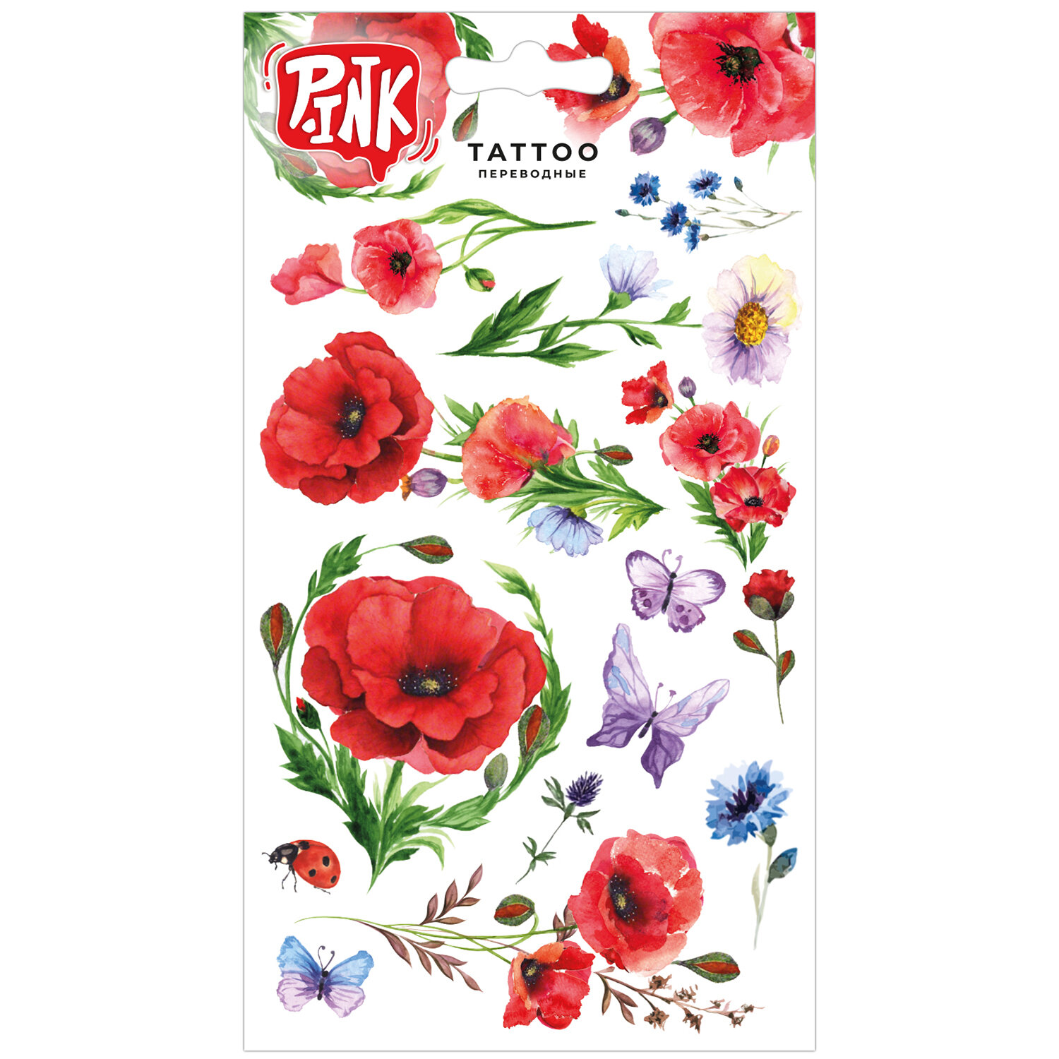 Маки ПИНК-275 переводные наклейки-тату 20 х 10 см для временных рисунков