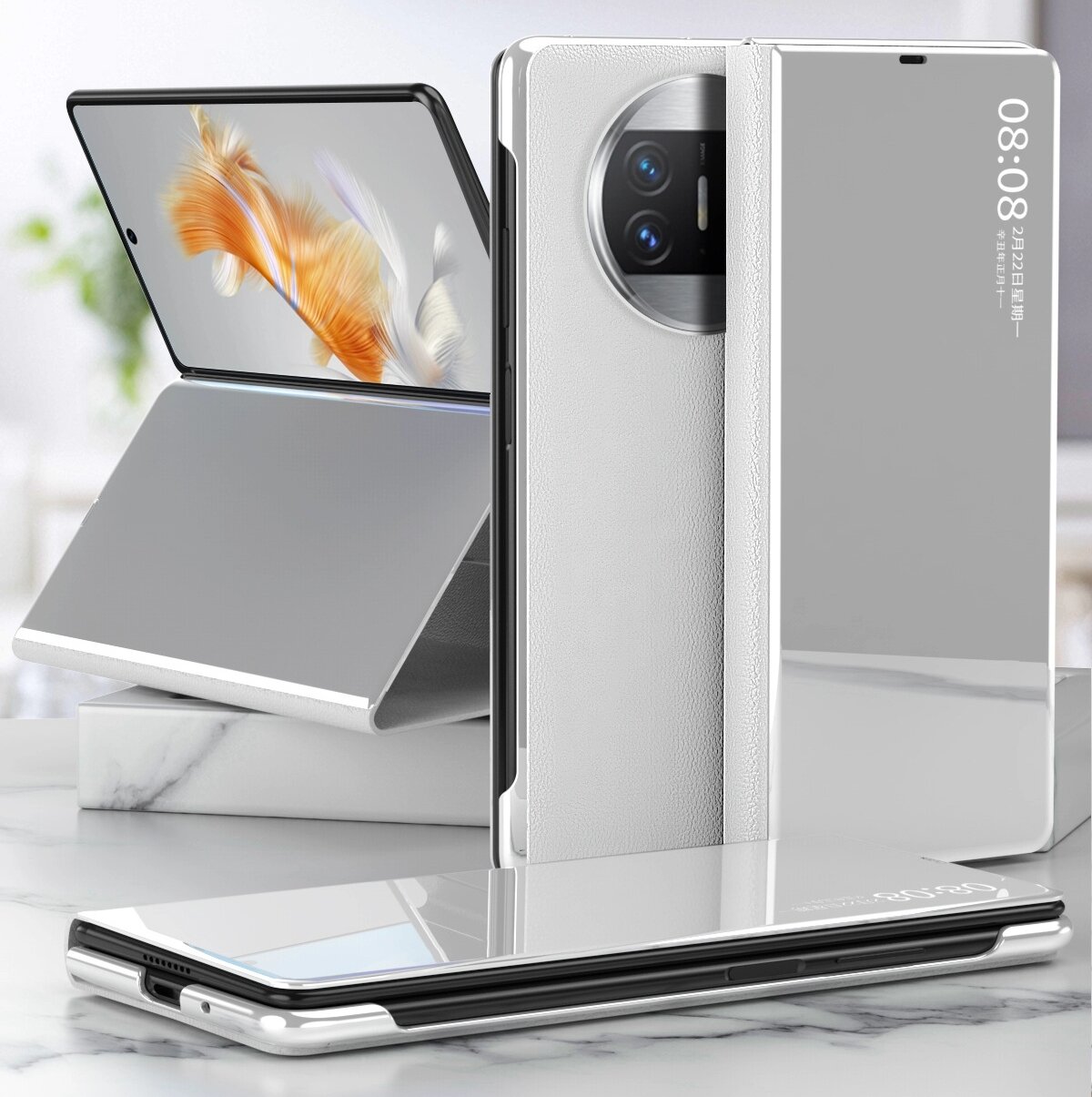 Чехол-книжка MyPads для Huawei Mate X3 с дизайном Clear View Cover с полупрозрачной пластиковой крышкой с зеркальной поверхностью серебрянный