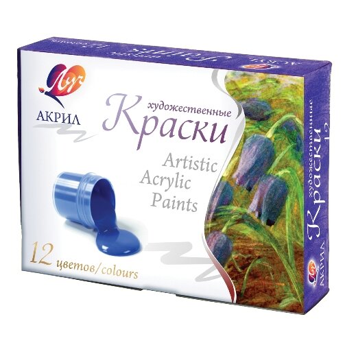Краски акриловые художественные: глянец - 12 цветов.