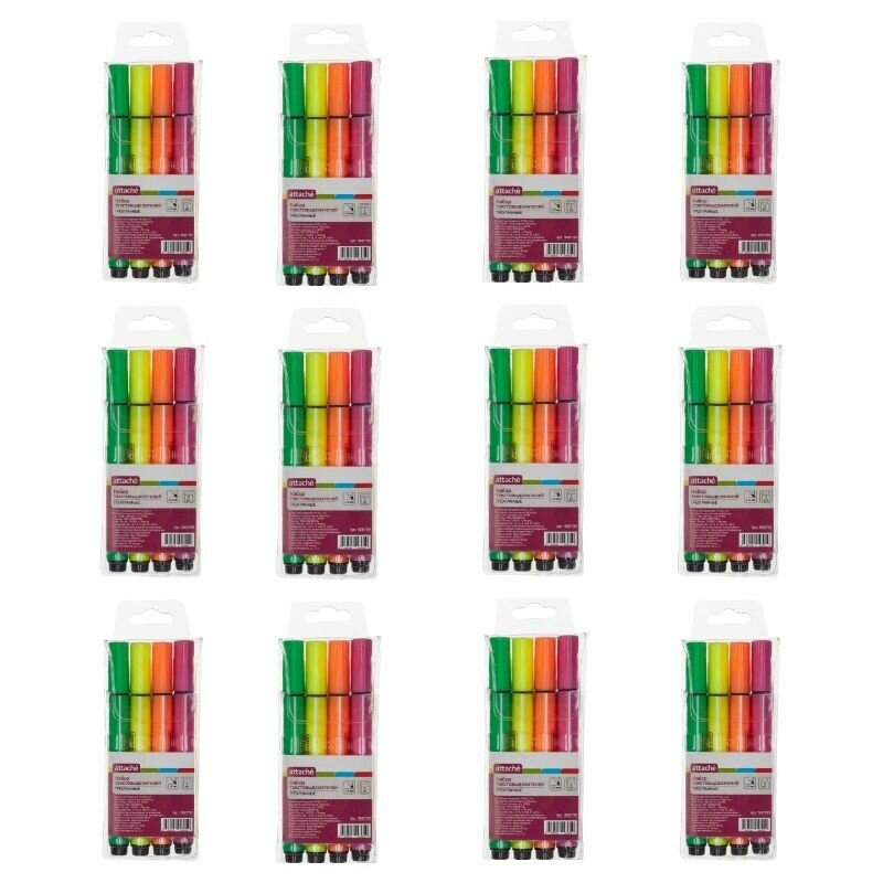 Attache Набор маркеров текстовыделителей 4 цвета, 1-4 мм, 12 шт