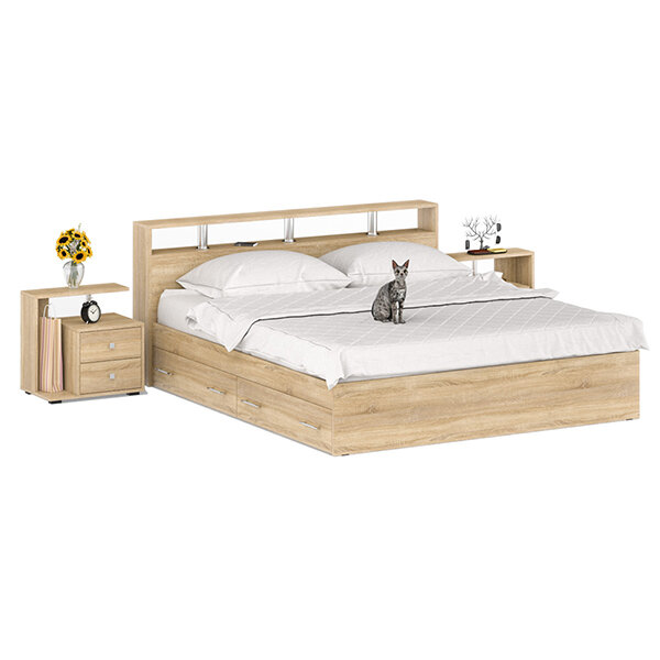 Кровать Мори с ящиками 1800 + две тумбы, цвет дуб сонома