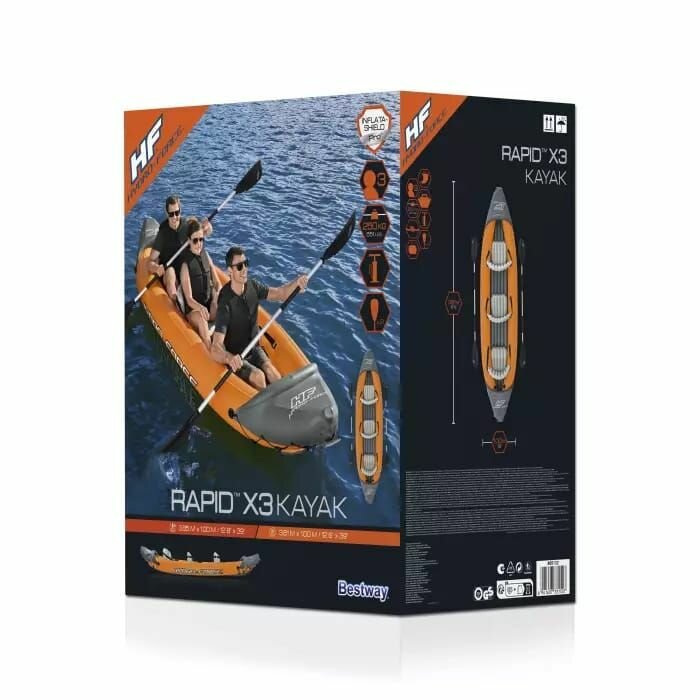 Байдарка Bestway "Rapid X3", 3 места, 250кг, оранжевая, светло-серая, черная, серая — фото 1