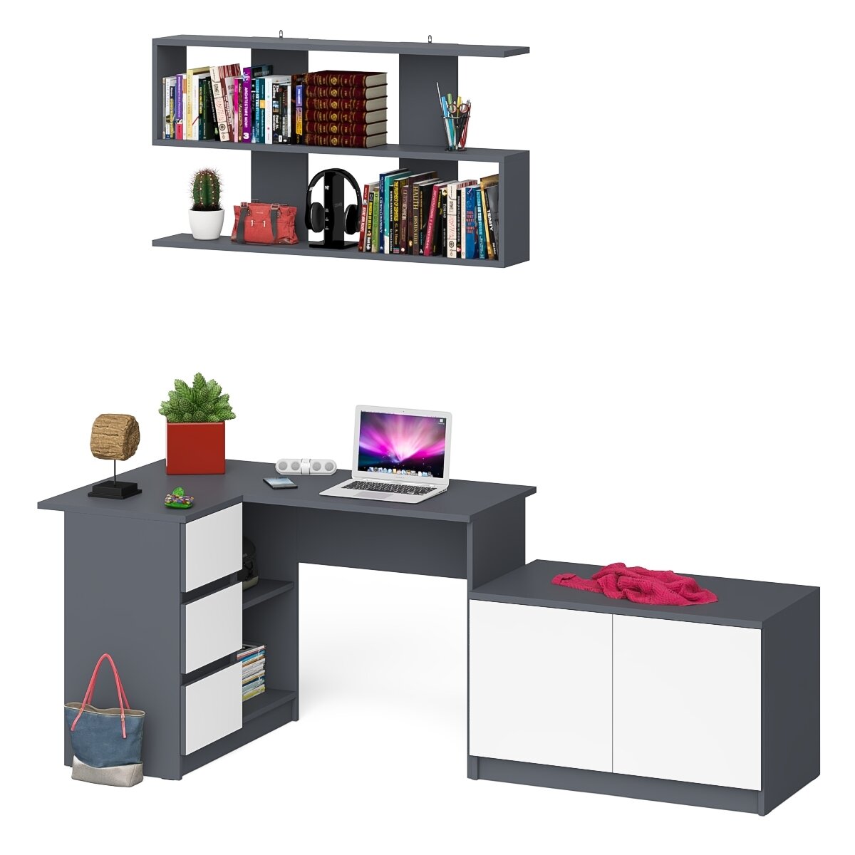 Стол компьютерный Мори МС-16 левый + Тумба МА900.1 + Полка 1200, цвет графит/белый