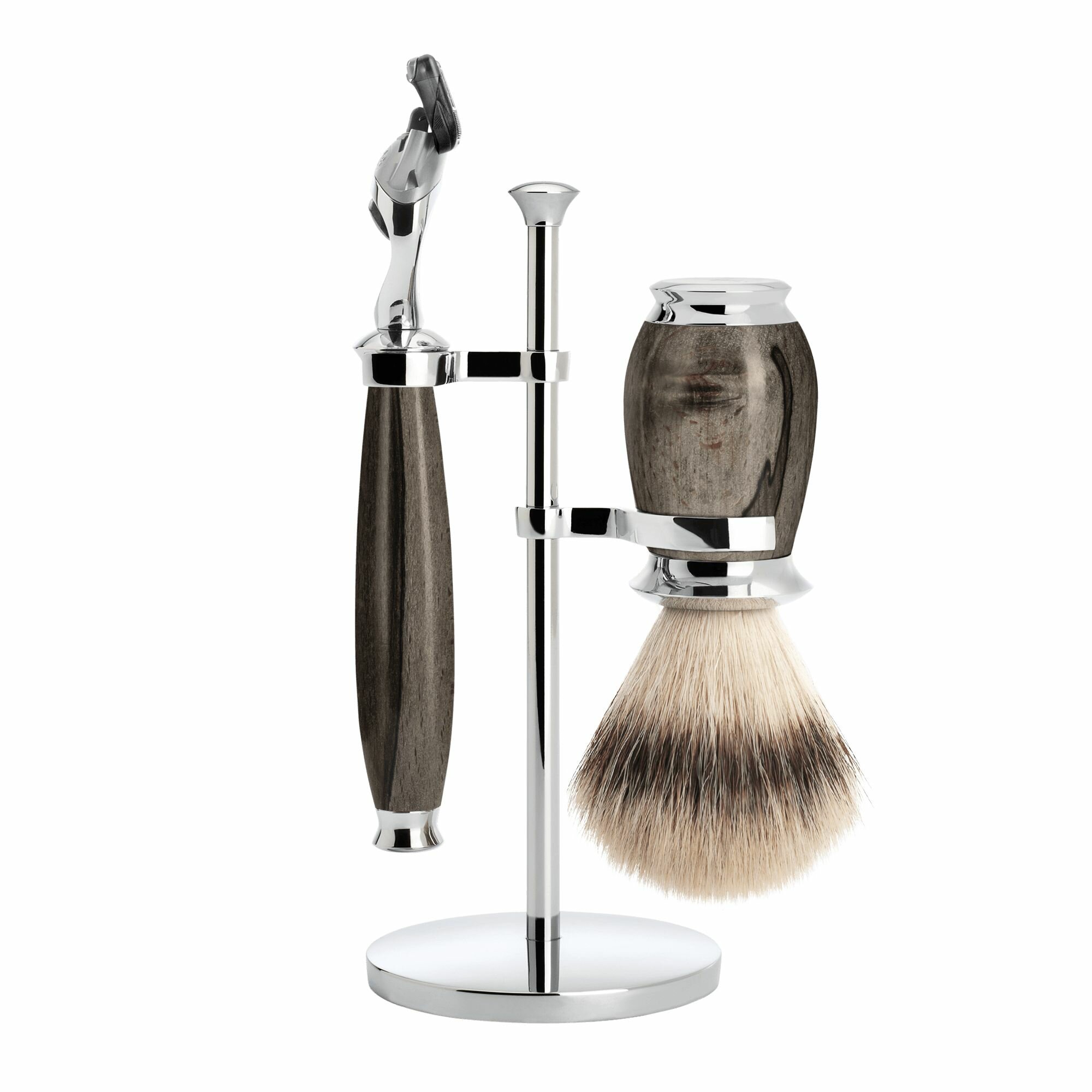 Бритвенный набор MUEHLE PURIST, каповый бук, барсучий ворс высшей категории Silvertip, бритва Fusion